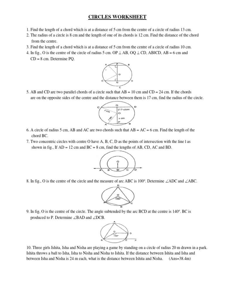 Circles Worksheet Class 9th | PDF