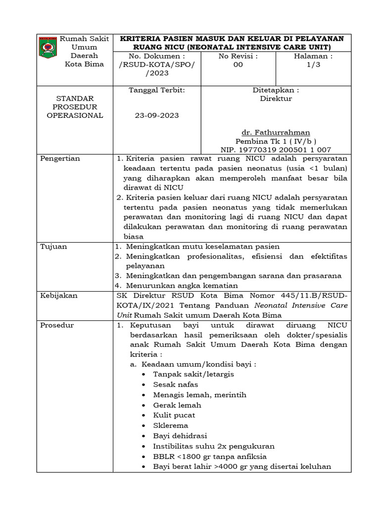 Spo Kriteria Pasien Masuk Dan Keluar Diruang Nicu | PDF