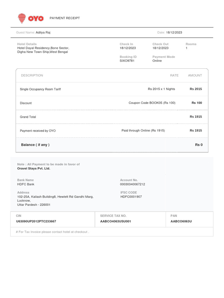 Oyo Hotel Bill | PDF