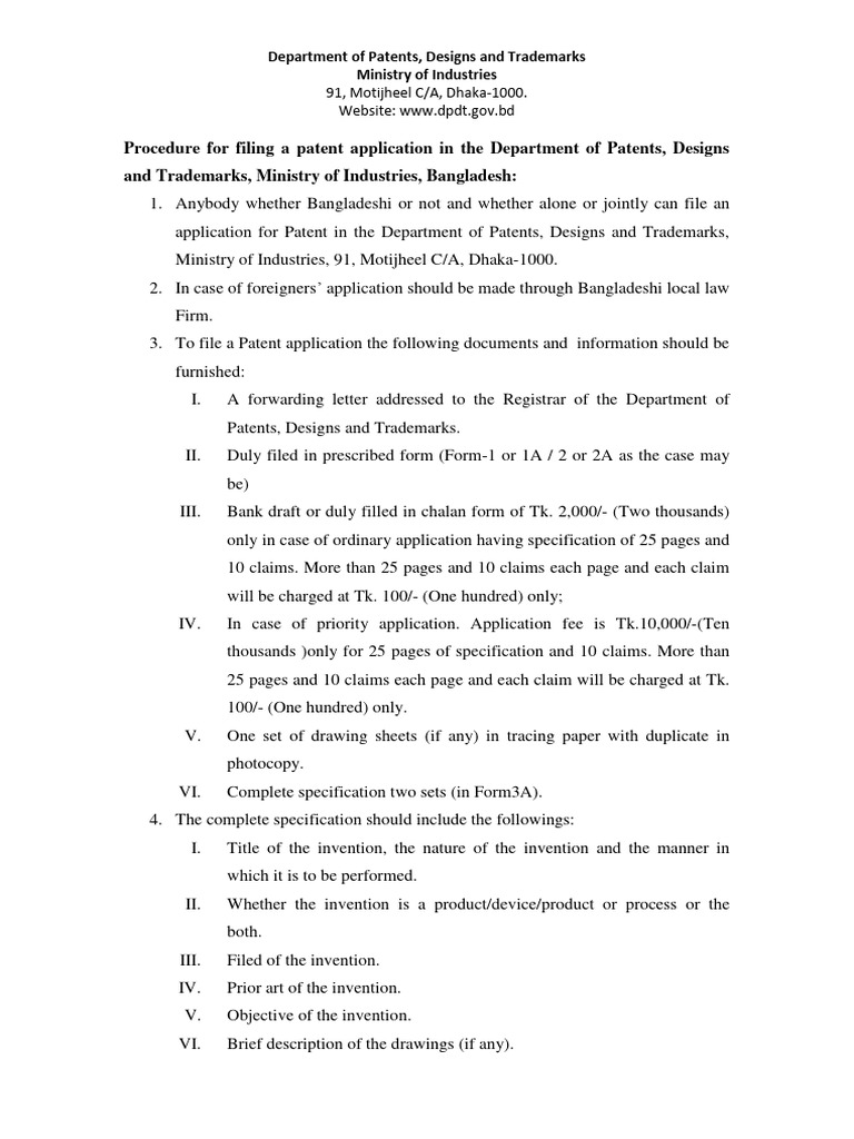 Patent Application Procedure in Bangladesh | PDF | Priority Right | Patent