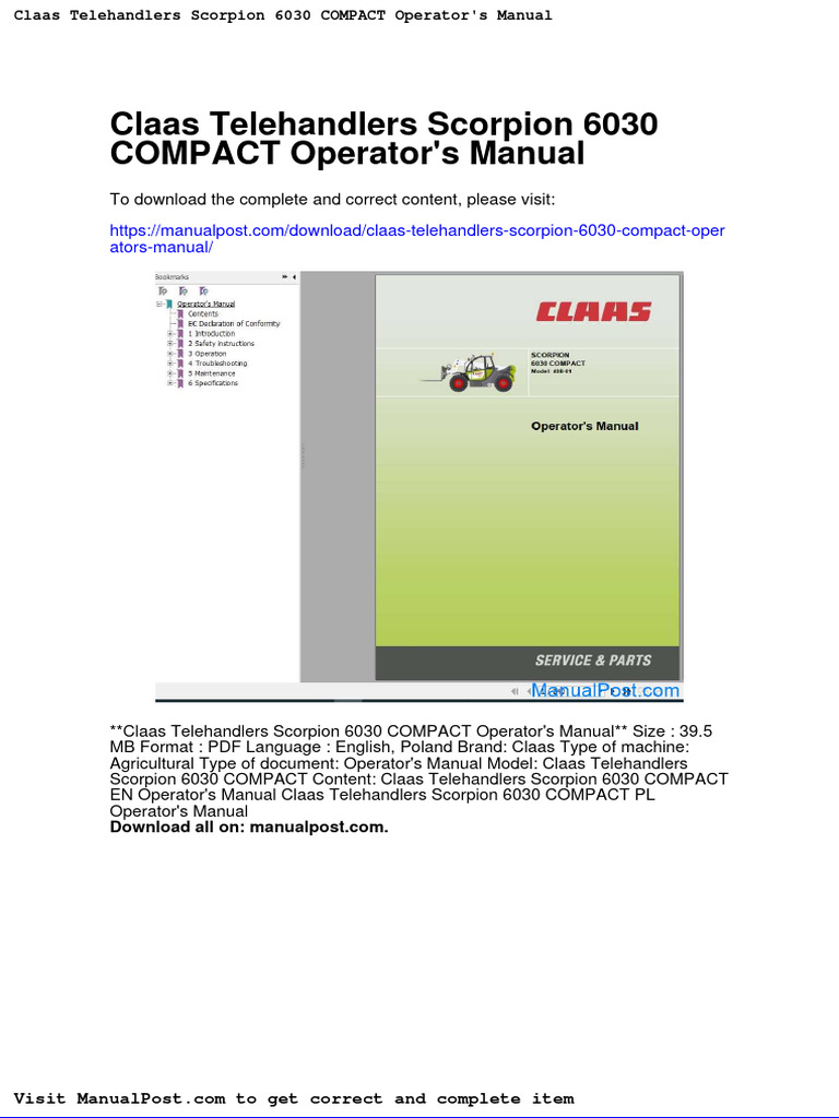 Claas Telehandlers Scorpion 6030 Compact Operators Manual | PDF