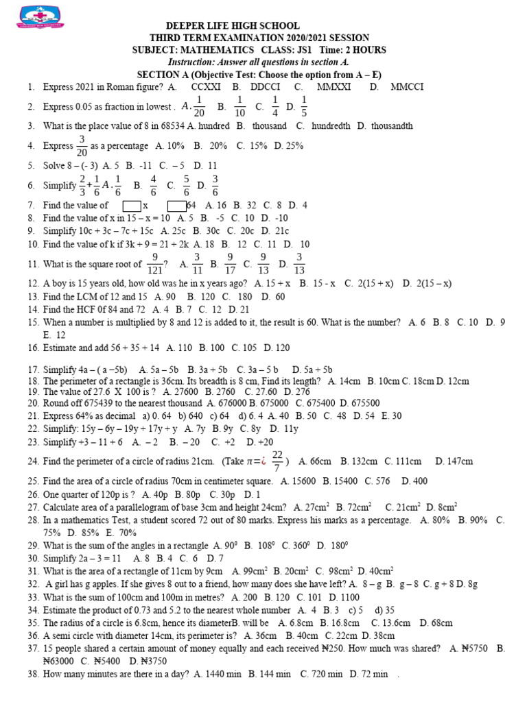 JS1 Mathematics Exam 2020/2021 | PDF