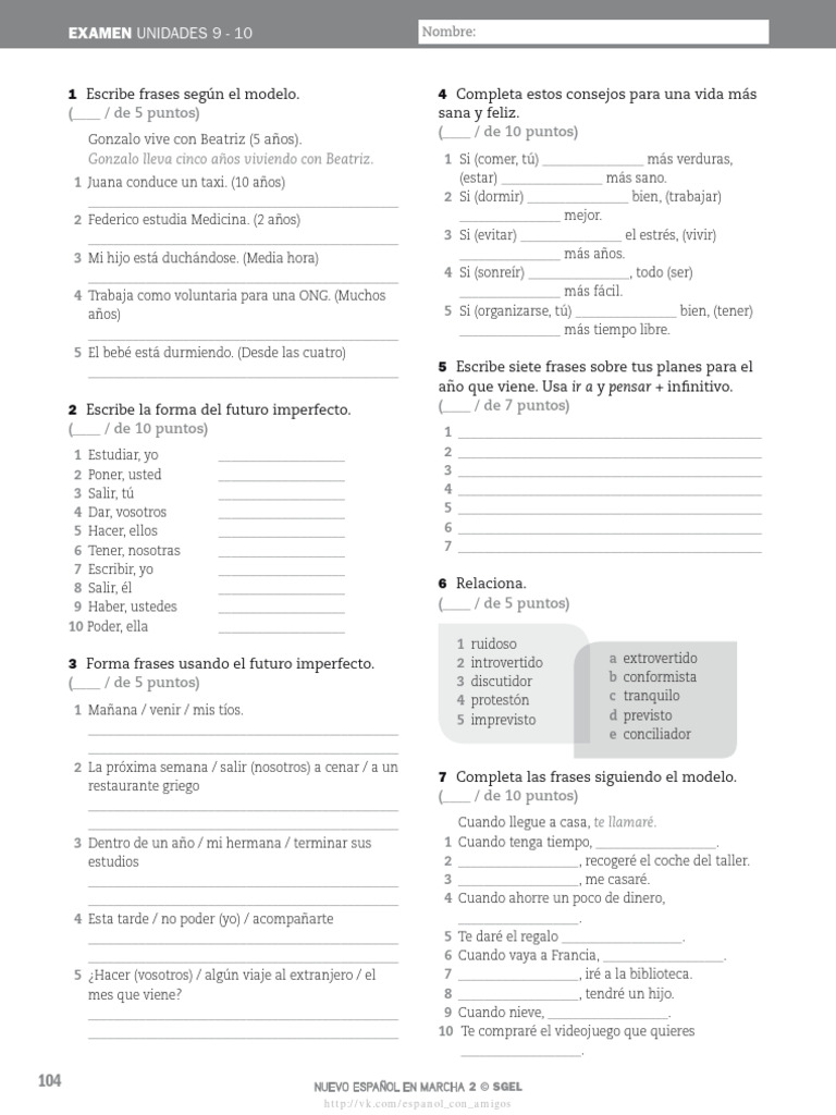 Examen Unidad 9 y 10 Clases de Español A2 | PDF