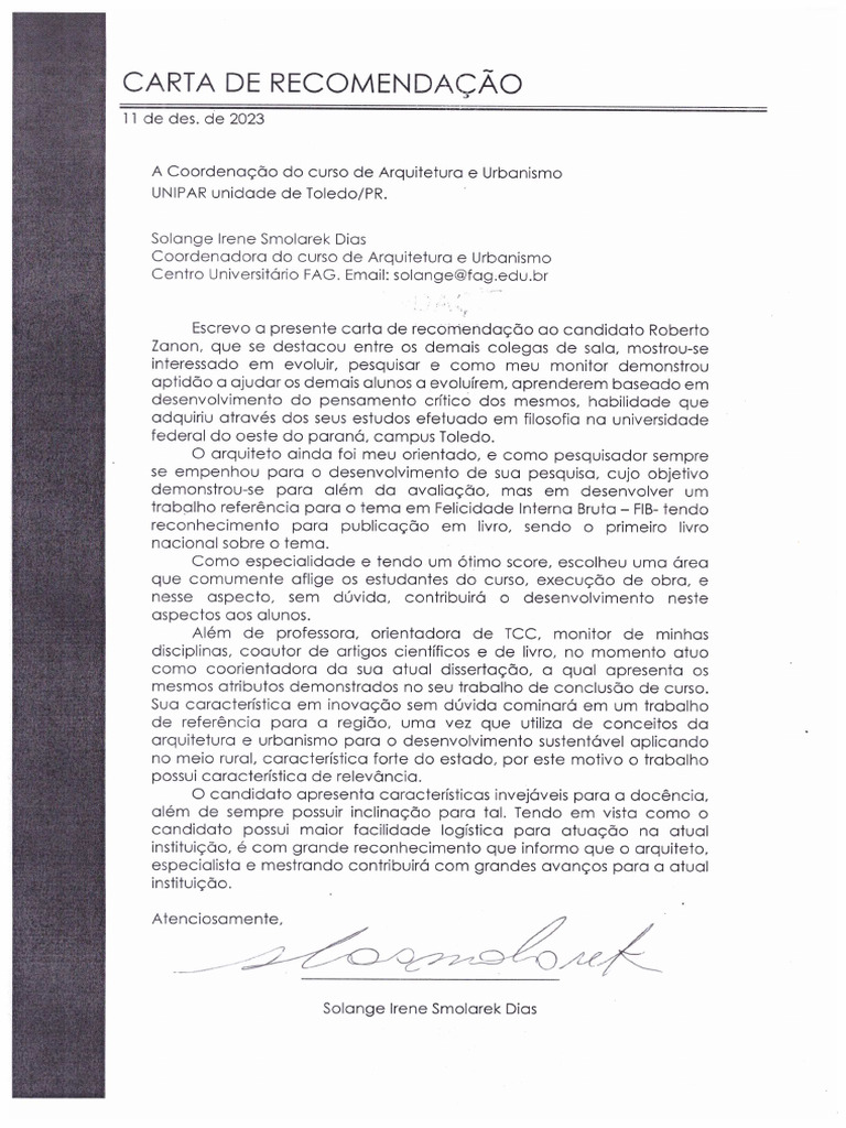 Carta de Recomendação Unipar Too Roberto Zanon 11.12.2023 | PDF