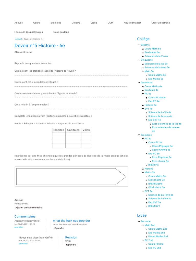 Devoir N°5 Histoire - 6e - Sunudaara | PDF
