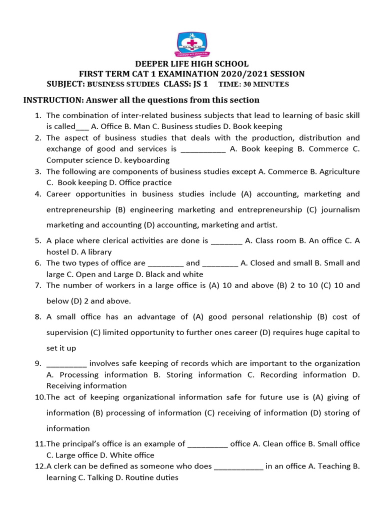 JS 1 Bus. Studies Cat 1 First Term 2020 | PDF