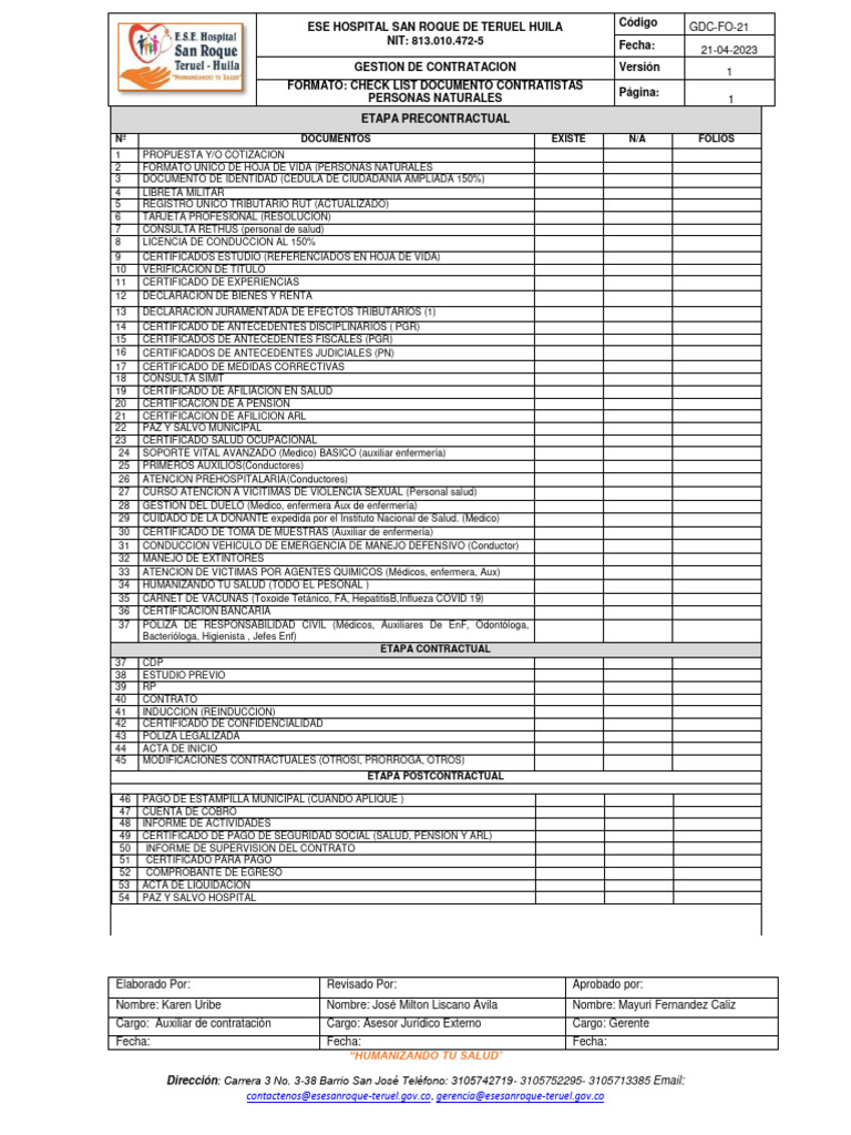 GDC-FO-21 Check List Contratacion | PDF
