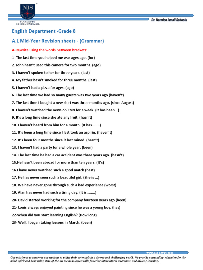 English Department - Grade 8 A.L Mid-Year Revision Sheets - (Grammar) | PDF