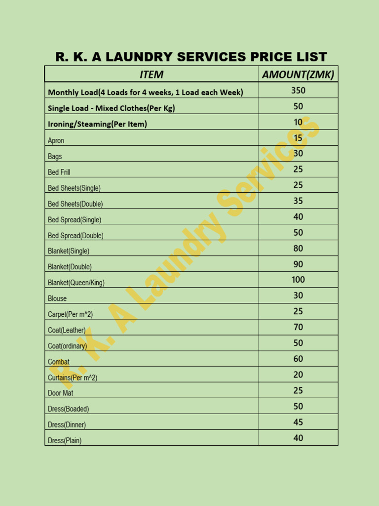 R.K. Laundry Services Price List | PDF | Dress | Trousers
