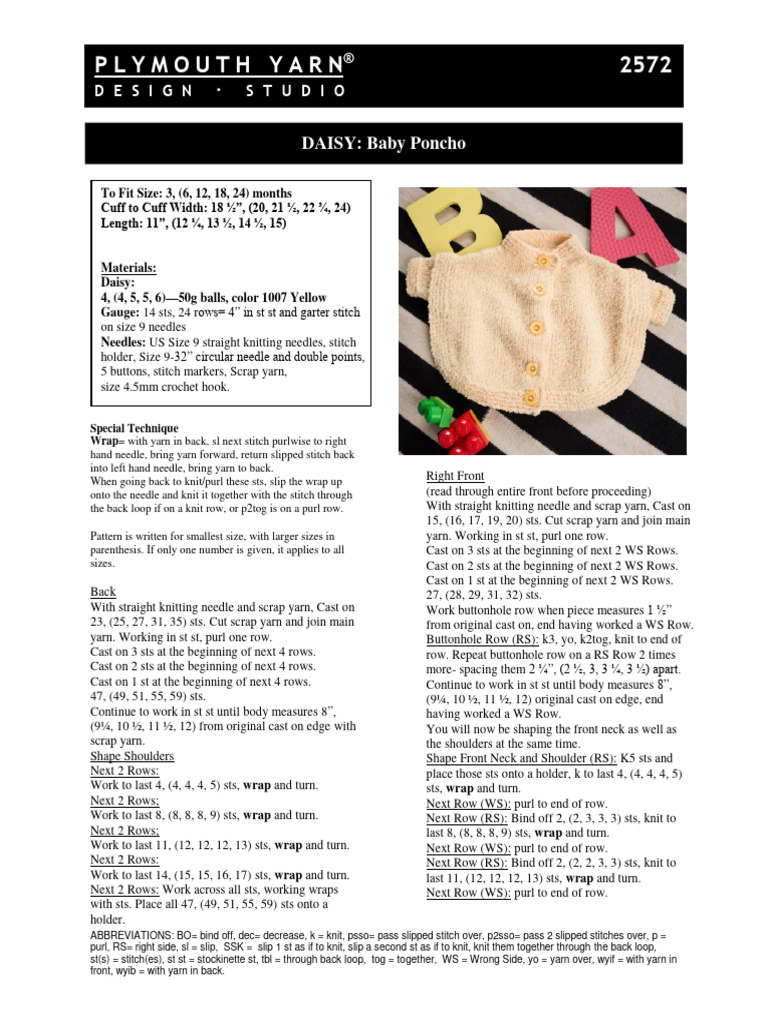 Baby Poncho in Plymouth Yarn 2572 Downloadable PDF - 2 | PDF | Knitting | Basic Knitted Fabrics