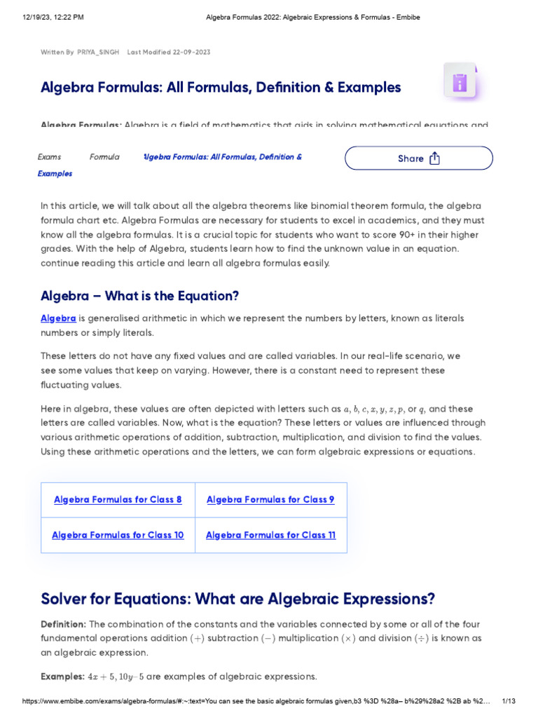 Algebra Formulas 2022 - Algebraic Expressions & Formulas - Embibe | PDF ...