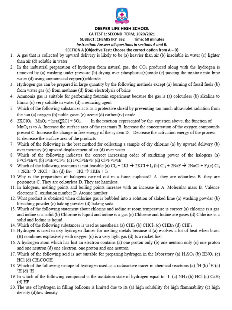 Ss 2 Chemistry 2nd Term 2020-2021 C.A.T 1 With Marking Guide | PDF