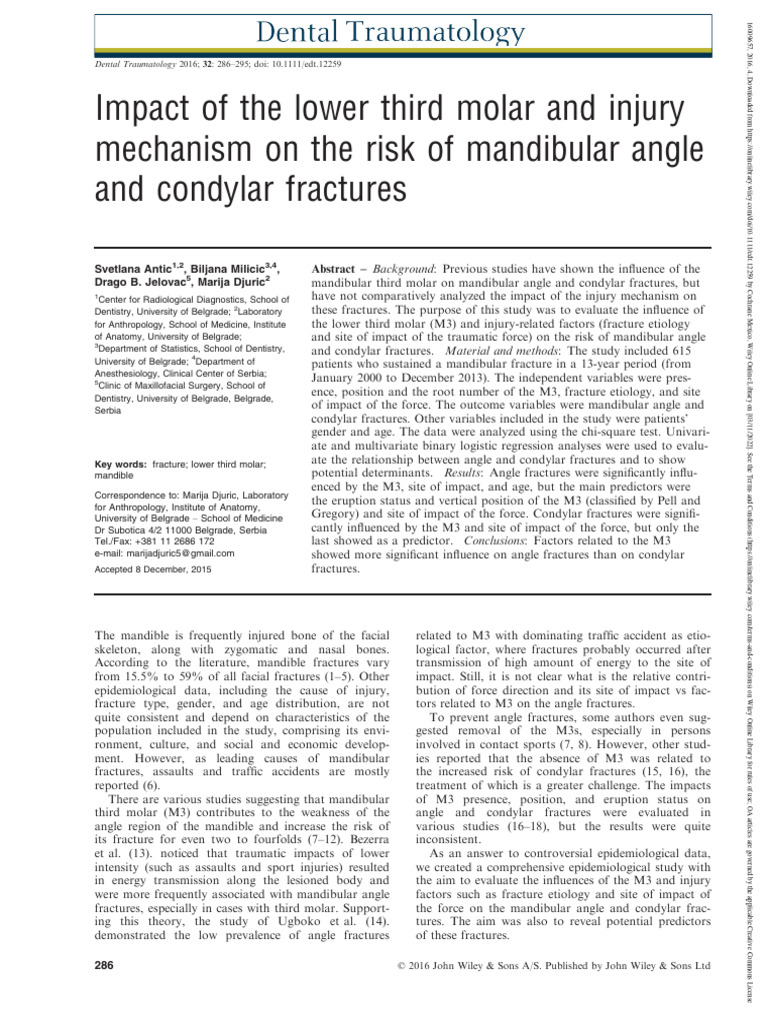 Dental Traumatology - 2016 - Antic - Impact of The Lower Third Molar ...