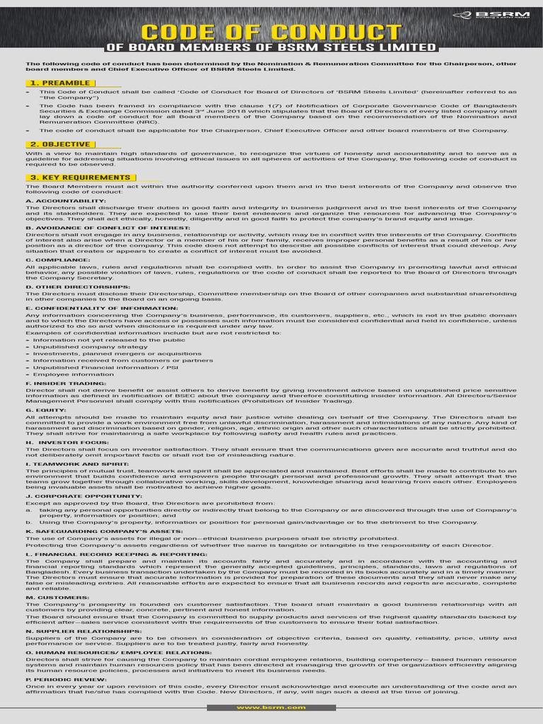 BSRM Steels Board Members' Conduct Code | PDF | Insider Trading | Board ...
