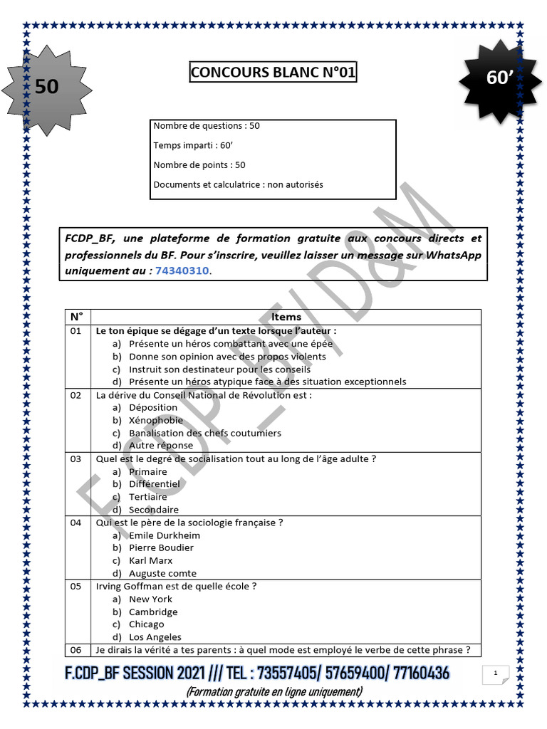 Concours Blanc N°01 - F.CDP_BF 2021 | PDF | Verbe | Grammaire