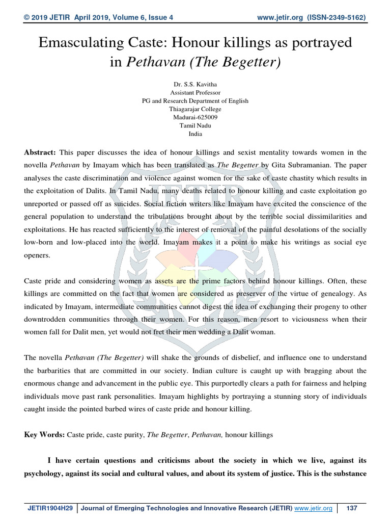 Honour Killings in Pethavan Analysis | PDF
