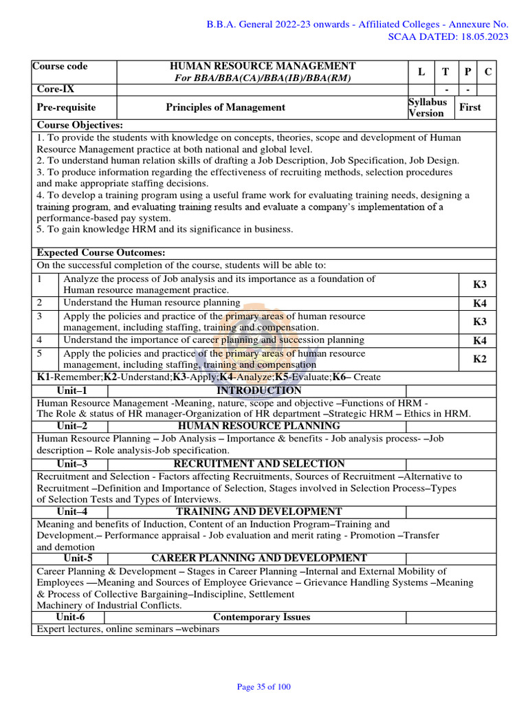 HRM Syllabus - 2022 Batch | PDF | Human Resource Management | Human ...