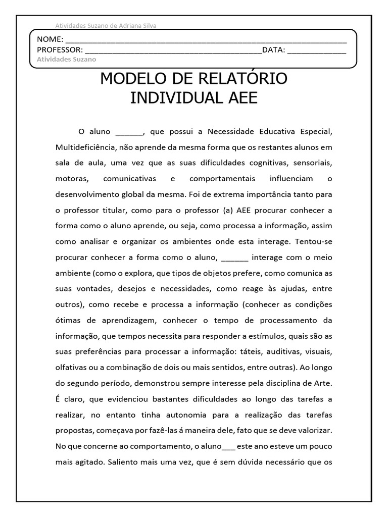 Modelo Relatório AEE | PDF | Aprendizado | Ciência cognitiva