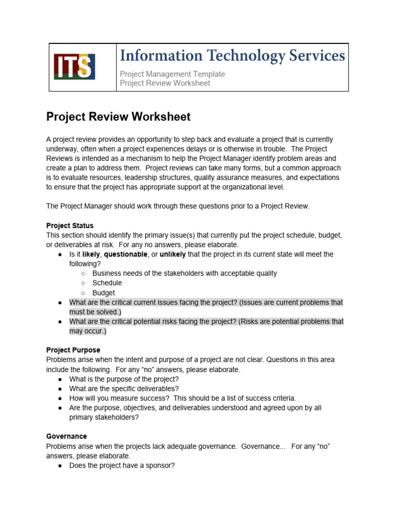 Project Review Worksheet Templatev2.0 | PDF