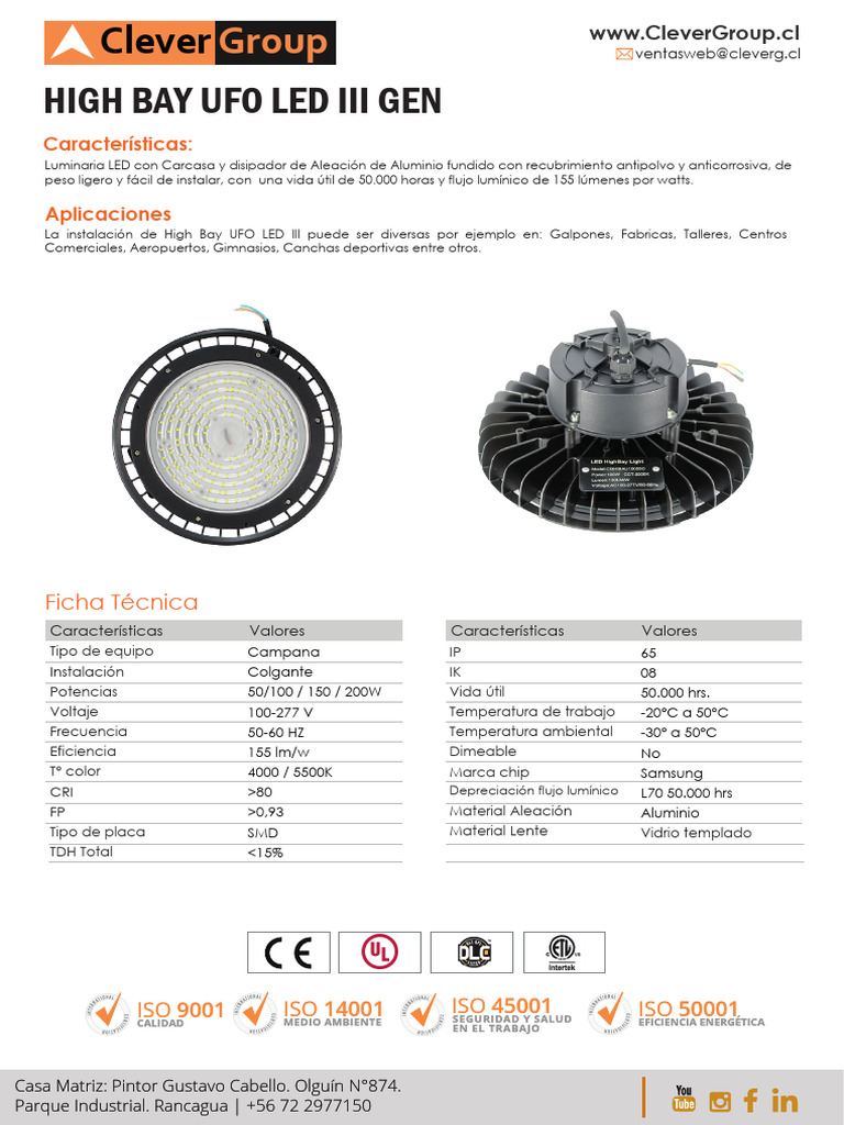 HighBay UFO III GEN 100-200W CleverGroup22-1 | PDF | Diodo emisor de luz | Bienes manufacturados