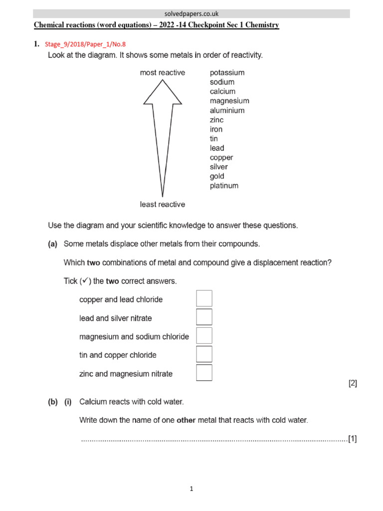 2022 14 Chemical Reactions Word Equations Checkpoint - Sec - 1 ...