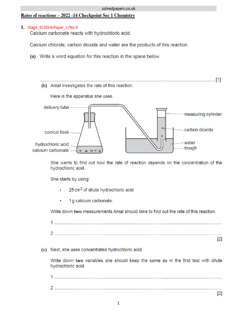 2022 14 Rates of Reactions Checkpoint - Sec - 1 Chemistry Progression | PDF