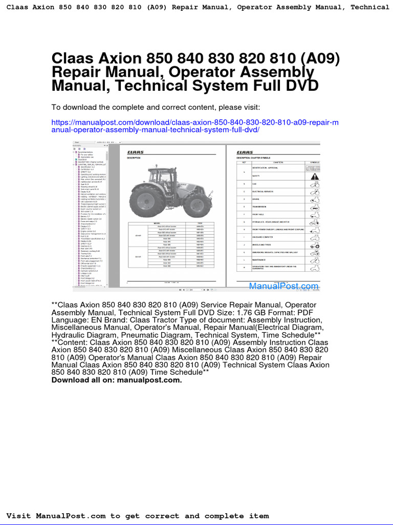 Claas Axion 850 840 830 820 810 A09 Repair Manual Operator Assembly ...