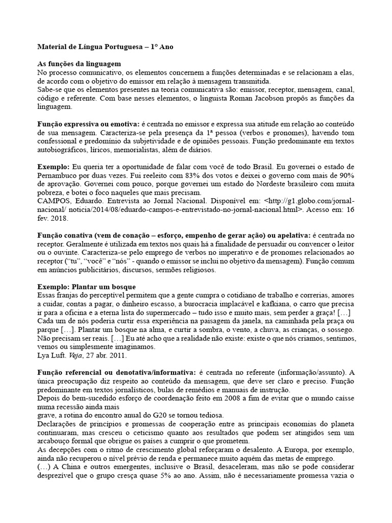 As Funções Da Linguagem E Variações Linguísticas 1 Ano Pdf
