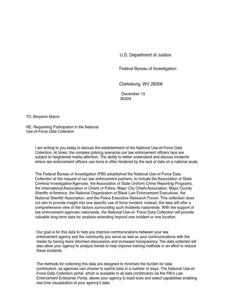Fbi Use of Force Data Collection Participation Letter | PDF