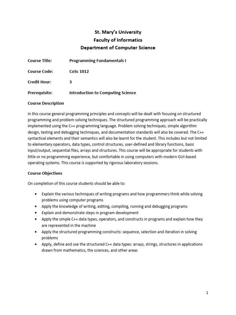 CoSc 1012 - Programming Fundamentals I | PDF
