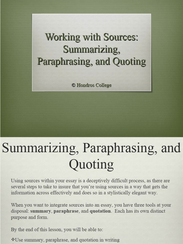 ENG200 Lesson - Working With Sources - Summary, Paraphrase, Quotation | PDF