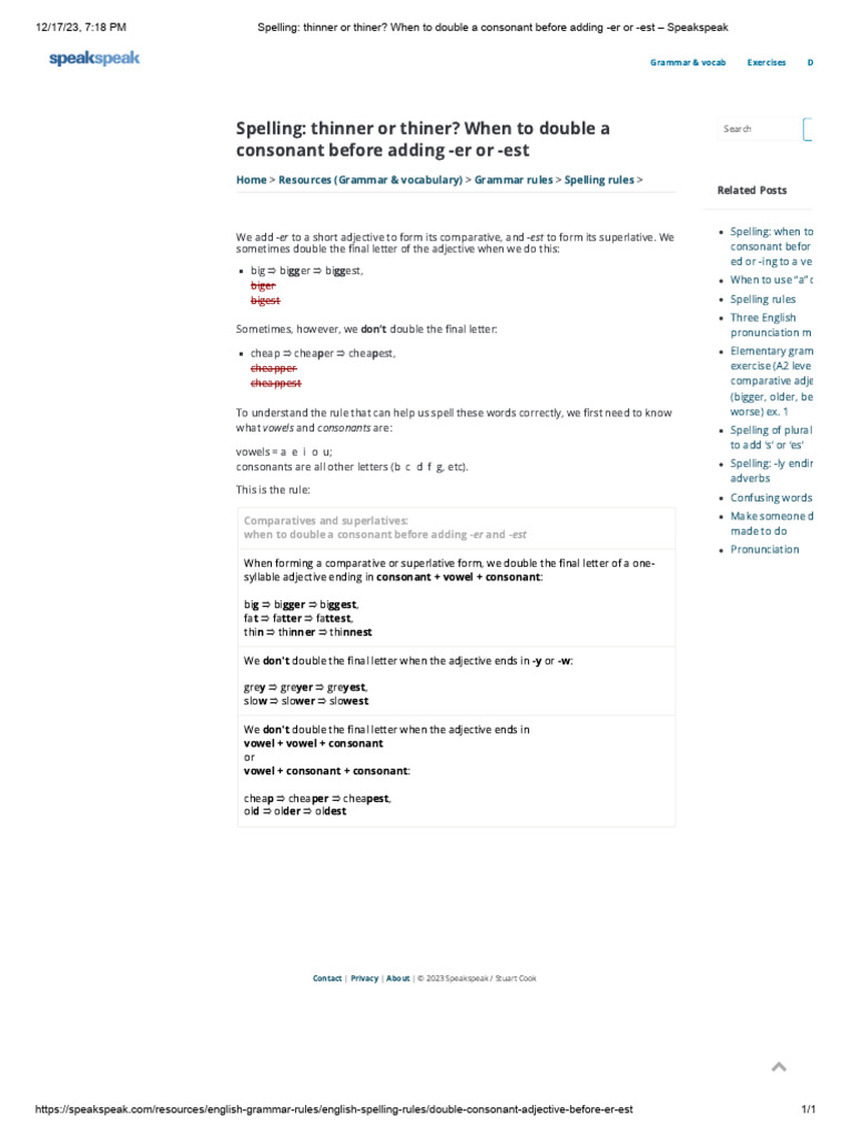 When To Double A Consonant Before Adding - Er or - Est - Speakspeak | PDF