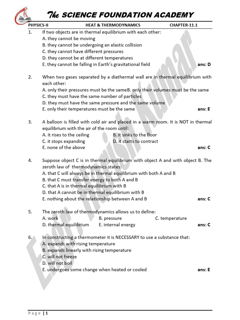 TEST 11.1 SF Heat and Thermodynamics Engr Harish Kumar Mdcatian's ...