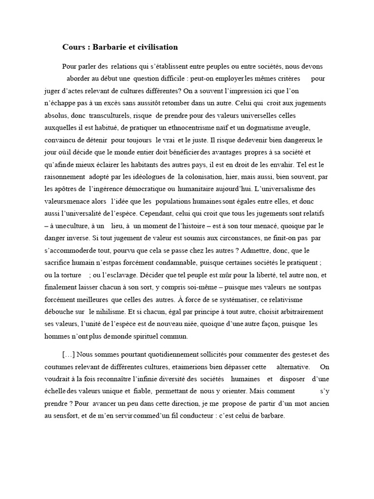 Barbarie et civilisation : enjeux philosophiques | PDF | Philosophie