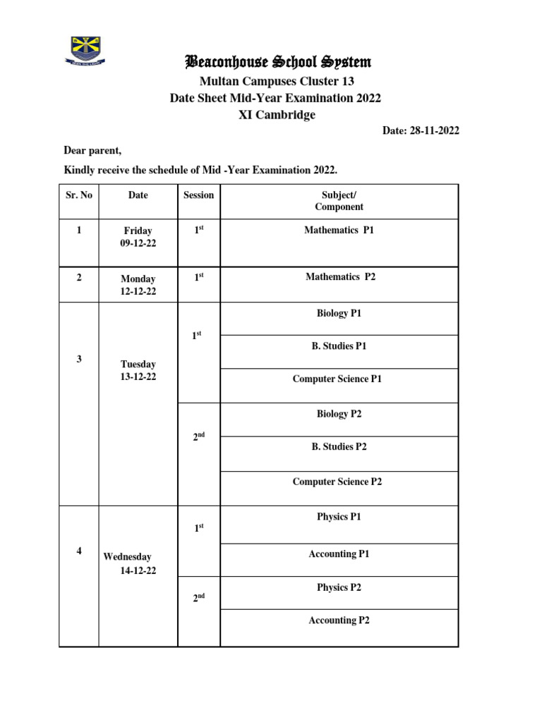 Mid Year XIC Dec 22 Date Sheet Final | PDF