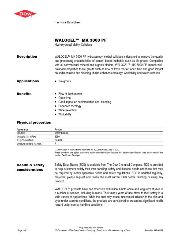 832 00053 01 Walocel MK 3000 PF Hydroxypropyl Methyl Cellulose | PDF | Rheology | Water