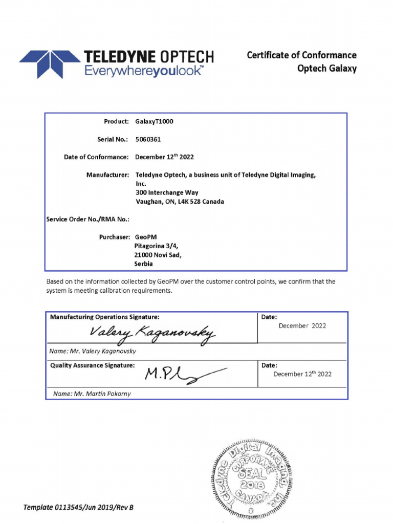 Optech - Galaxy-Technical Specification+certificate | PDF | Lidar | Image Scanner