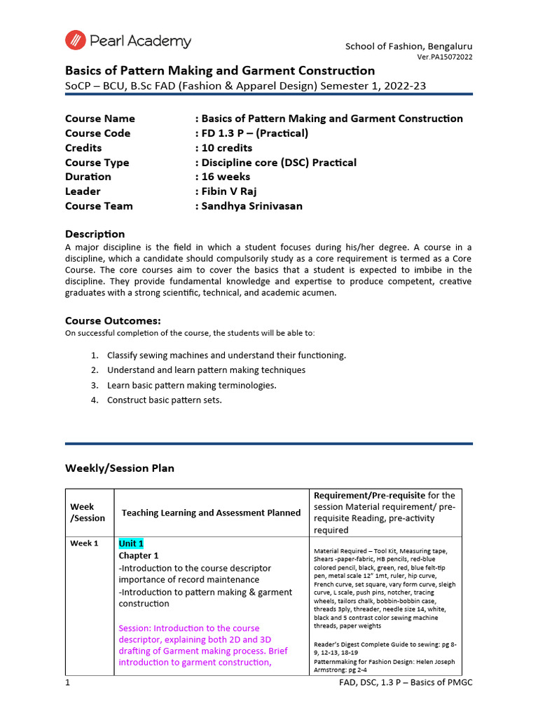 Basics of Pattern Making and Garment Construction (P) - BCU | PDF ...