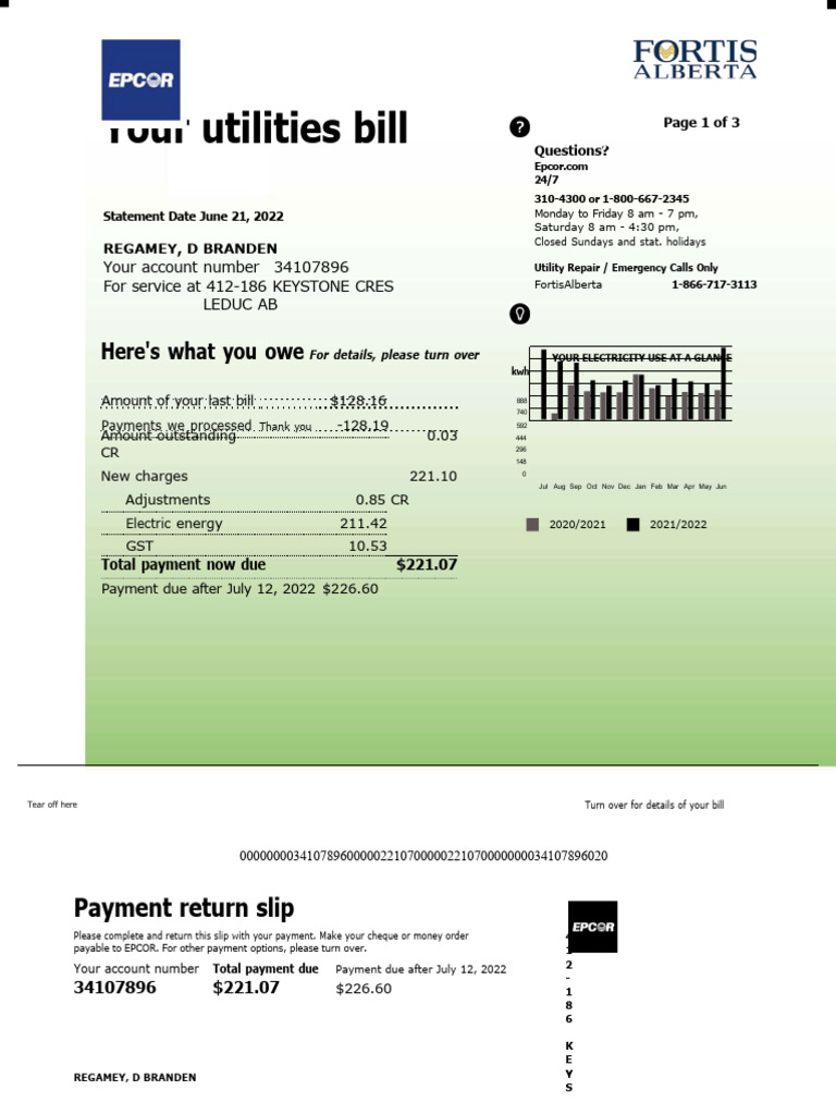 Epcor Power Bill | PDF | Money