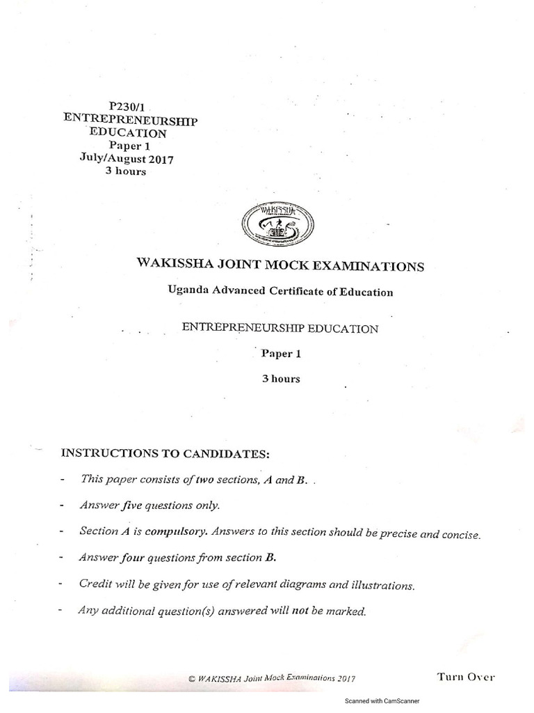Uace Entrepreneurship Paper 1 Wakissha 2017 | PDF