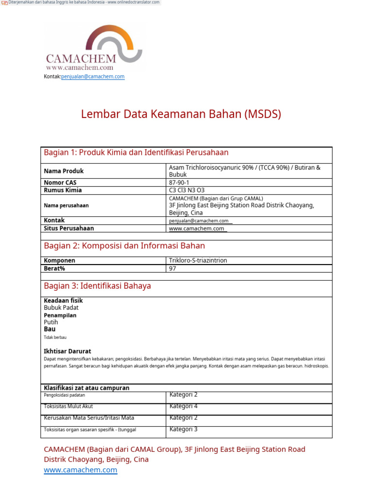 Camachem Trichloroisocyanuric Acid 90 TCCA 90 Granules Powder SDS MSDS ...