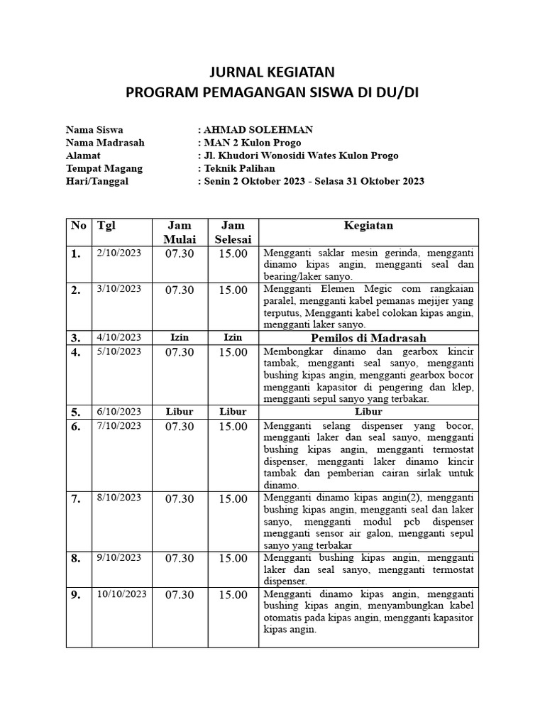 Jurnal Kegiatan PKL | PDF