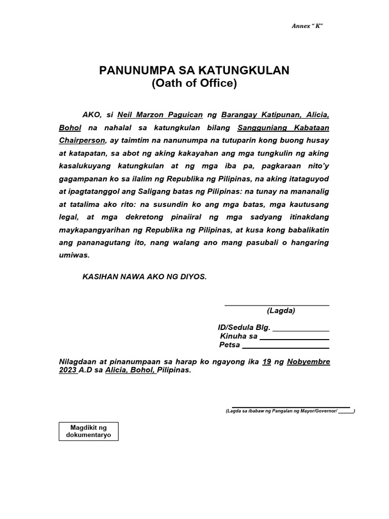 ANNEX Q OATH OF OFFICE Panunumpa Sa Katungkulan - 2023 SK ...