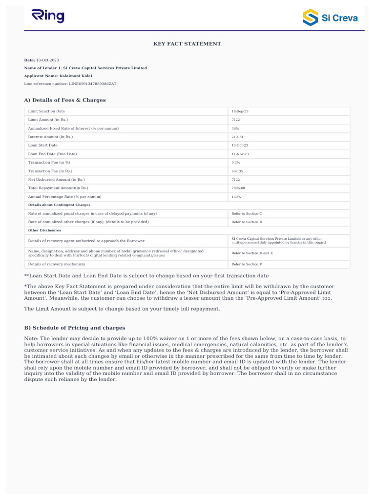 Preapproved Loan Key Fact Statement | PDF | Loans | Interest