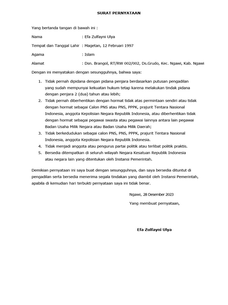 Surat Pernyataan Contoh | PDF
