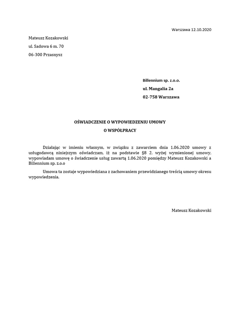 Wzór Wypowiedzenie Umowy | PDF