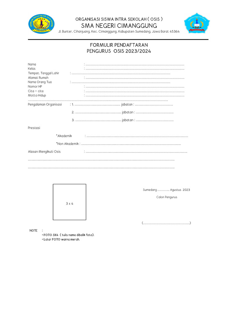 Formulir Pendaftaran OSIS (2023 - 2024) | PDF