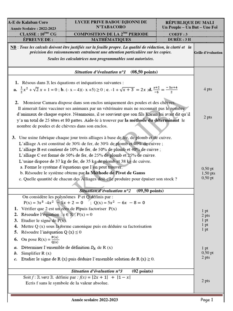 SUJET de Math 2ème Trim 2022-2023 10 Ème | PDF