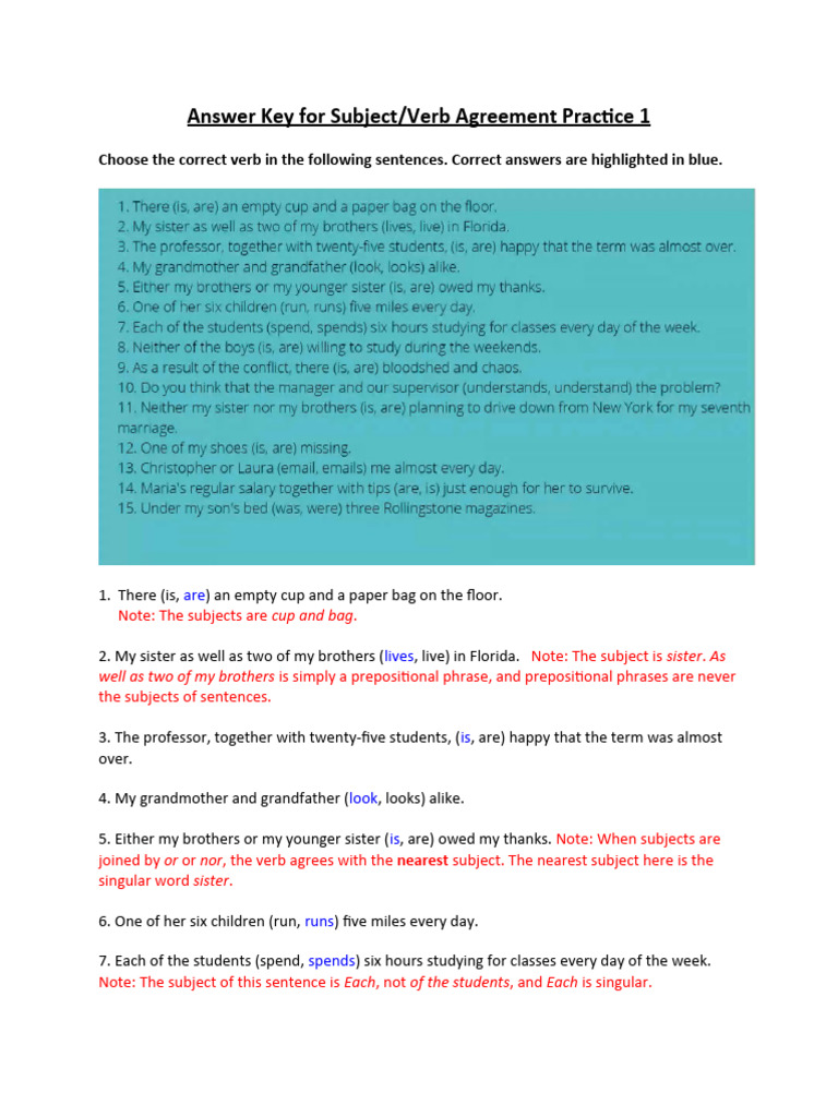 Answer Key For Subject-Verb Practice 1 | PDF
