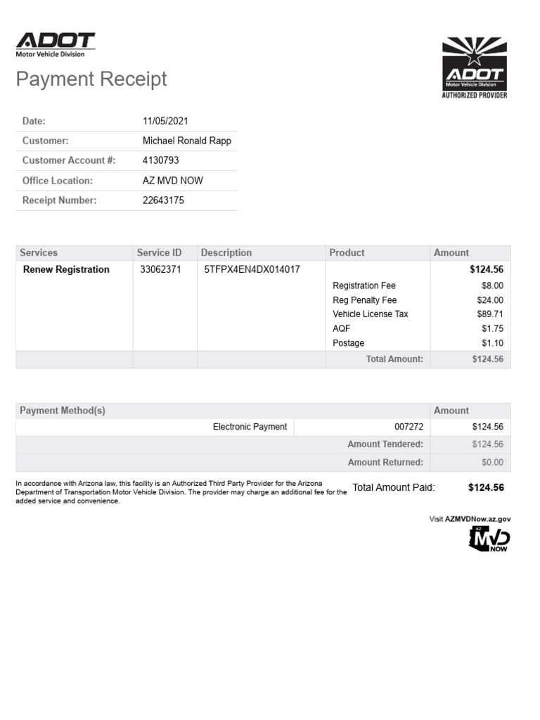 AZ MVD Payment Receipt Summary | PDF